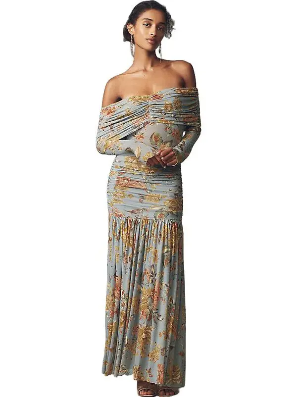 AFRM Emmele Off-the-shoulder Long-sleeve Lace Maxi Dress - Stone Florals