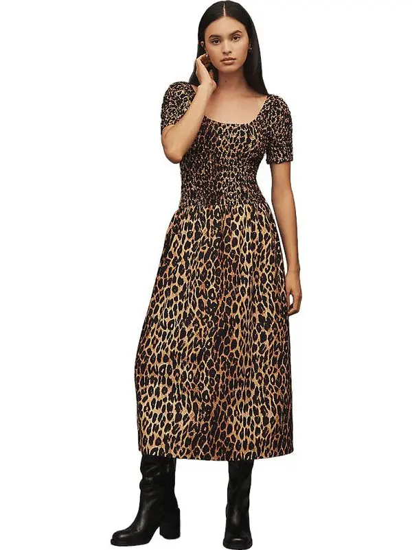 DAMSON MADDER Malda Smocked Short-sleeve Midi Dress - Leopard