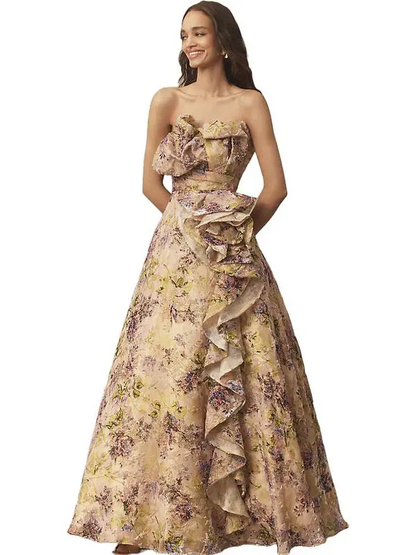 Mac Duggal Floral Velvet Maxi Gown - Blush Pink