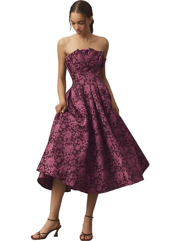 Mac Duggal Strapless Floral Brocade A-line Midi Dress - Medium Pink