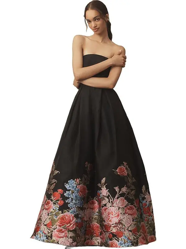 Mac Duggal Floral Brocade Maxi Dress - Black