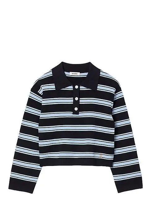 Sandro Striped Long-sleeve Knitted Polo Sweater - Navy Blue