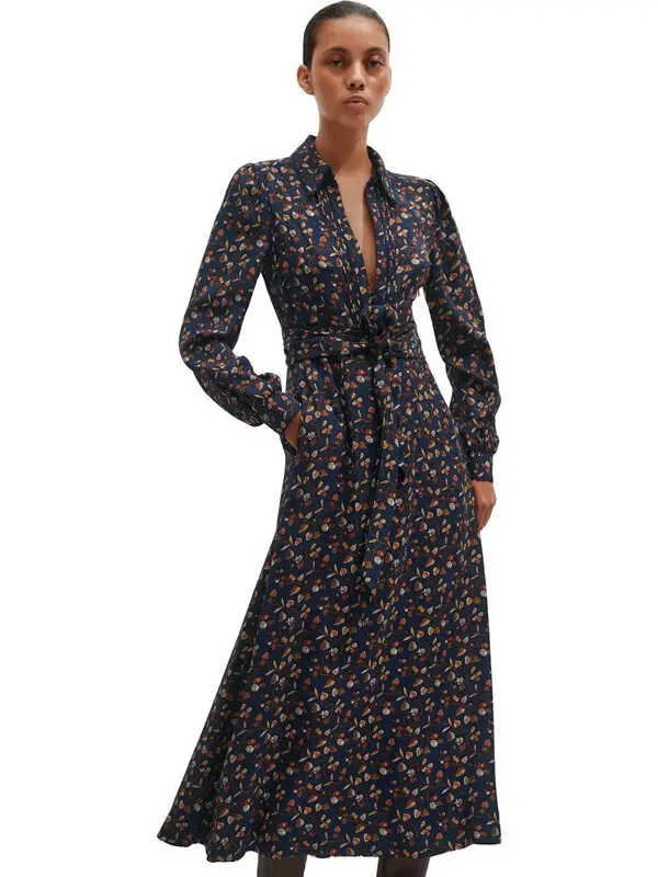 ME+EM Jacquard Cottage Garden Print Maxi Shirt Dress With Belt - Navy Multi