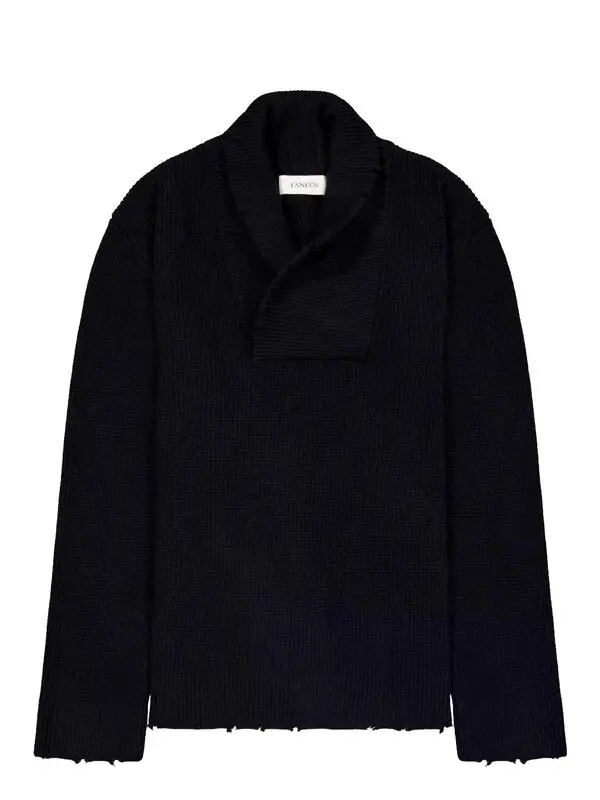 LANEUS Shawl-collar Frayed Sweater - Blue