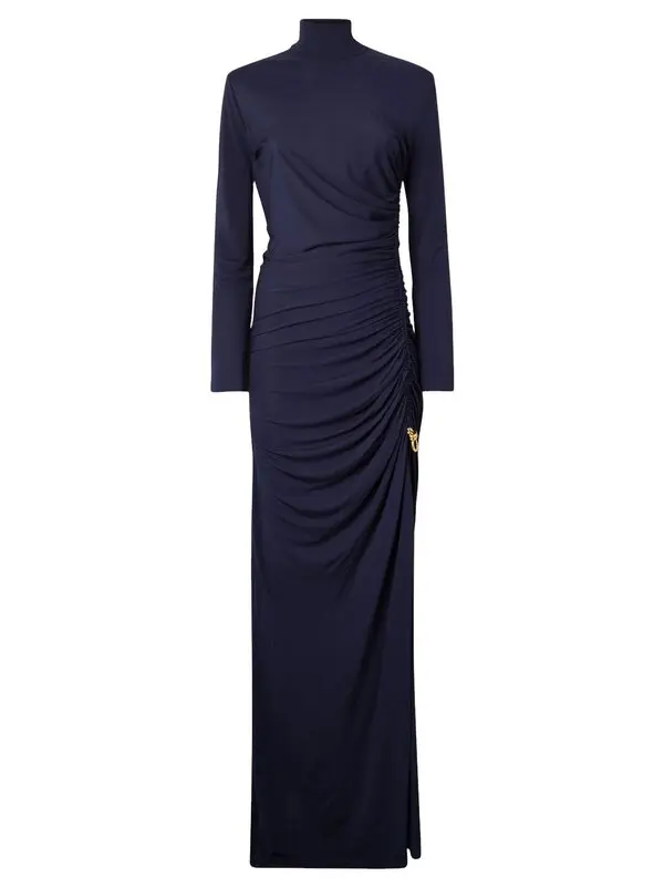 Bottega Veneta Embellished Ruched Jersey Turtleneck Maxi Dress - Blue
