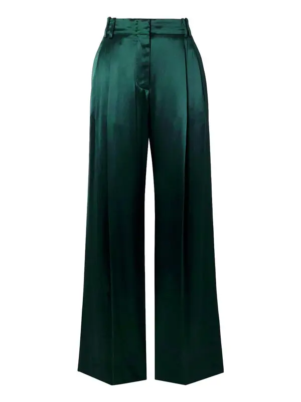 Another Tomorrow Pleated Satin Wide-leg Pants - Green