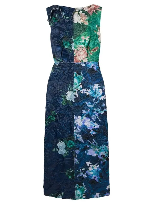 Erdem Frayed Floral-print Crinkled-satin Midi Dress - Blue