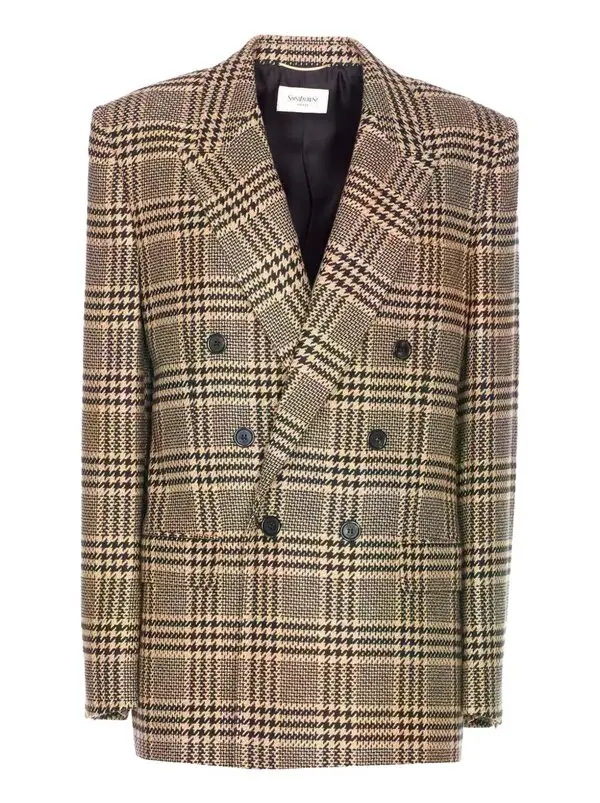 Saint Laurent Double-breasted Check Blazer - Brown