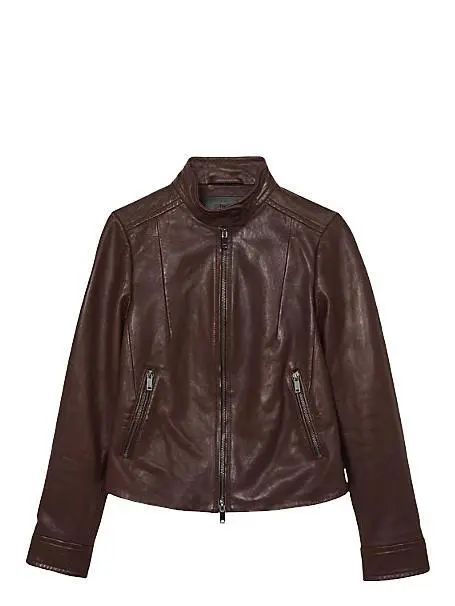 REISS Fitted Leather Jacket - Burgundy