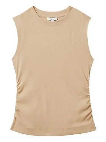 REISS Ruched Stretch-cotton Top - Camel