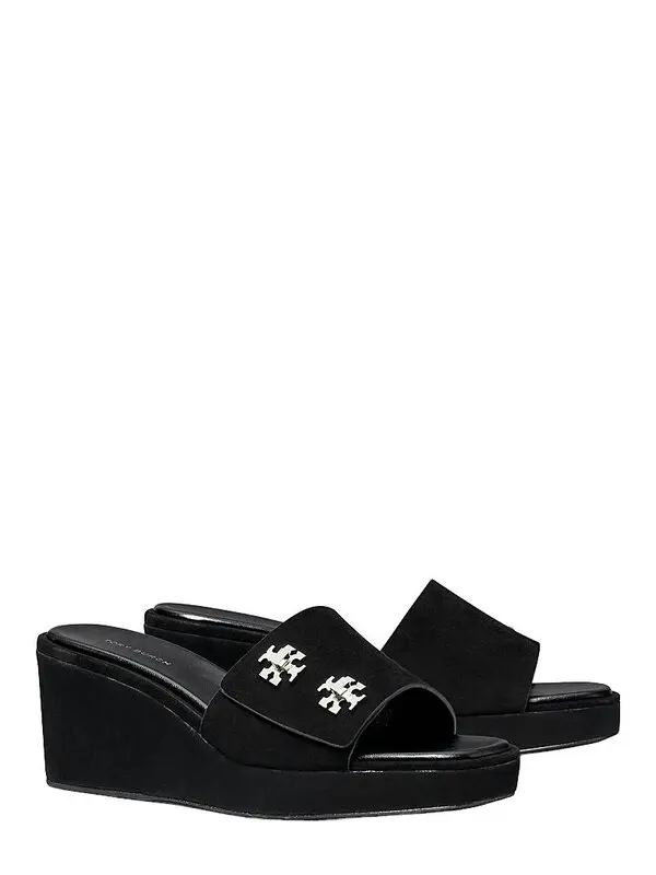 Tory Burch T Lock Suede Wedge Sandals - Perfect Black