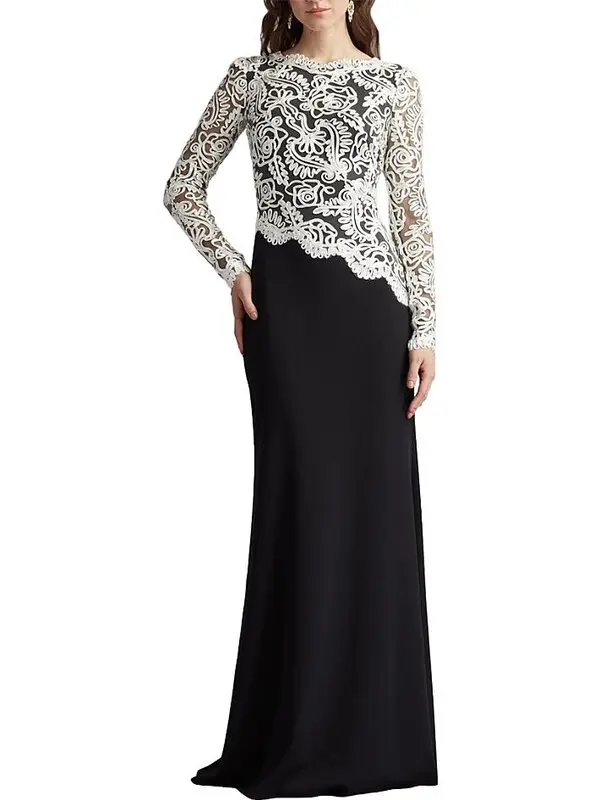 Tadashi Shoji Randall Embroidered Crepe Gown - Black/ Ivory