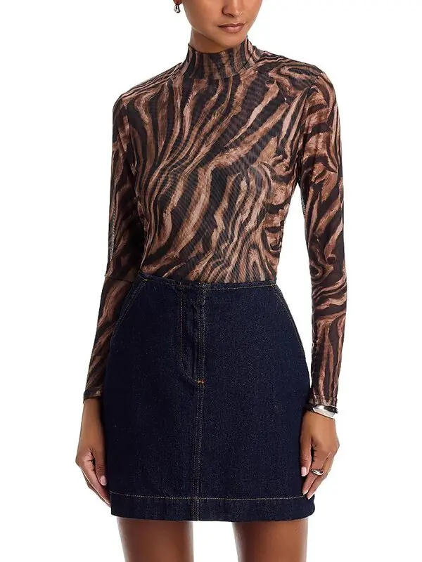 Aqua Animal Print Mesh Long Sleeve Top - Brown/black