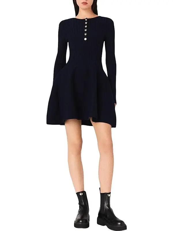 Maje Knit Flared Skirt Dress - Navy