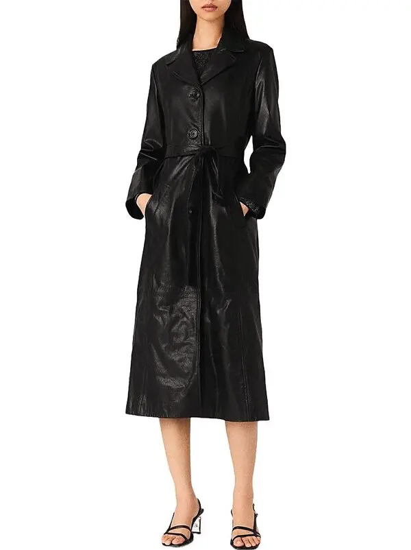 Maje Long Leather Trench Coat - Black