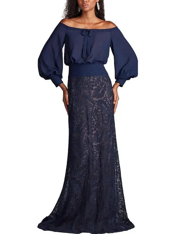 Tadashi Shoji Azura Off-shoulder Embroidered Gown - Navy