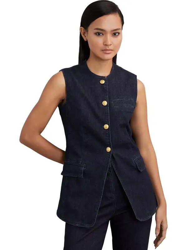 REISS Athena Denim Long-line Waistcoat - Dark Blue