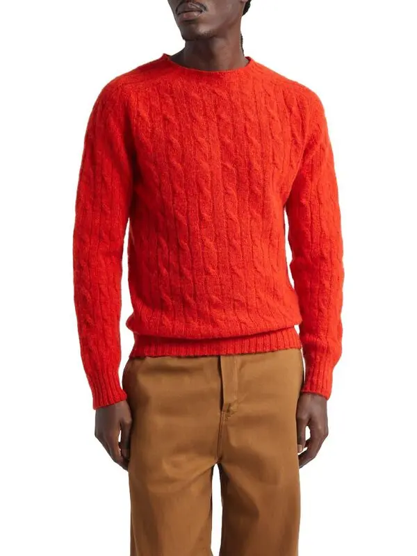 DRAKE'S Brushed Shetland Lambswool Cable Stitch Crewneck Sweater - Carmen Red