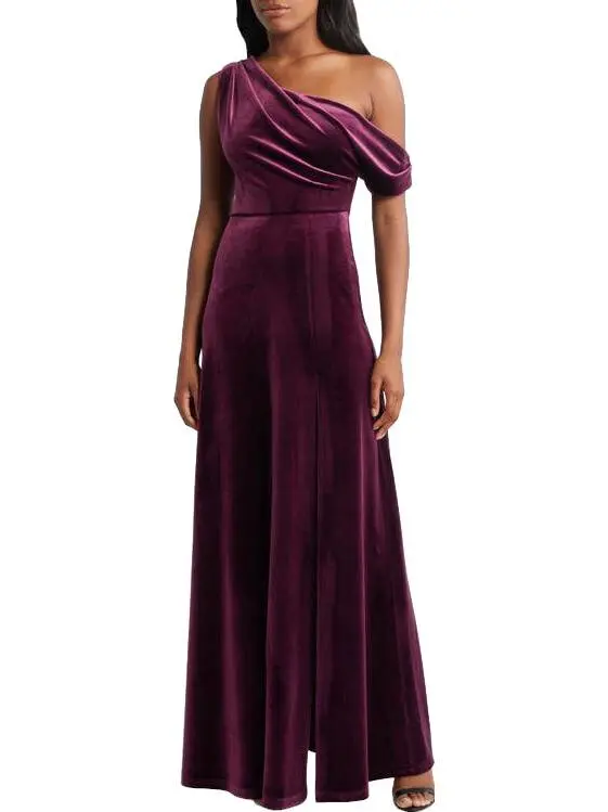 Lulus Anya Draped One-shoulder Velvet Gown - Eggplant