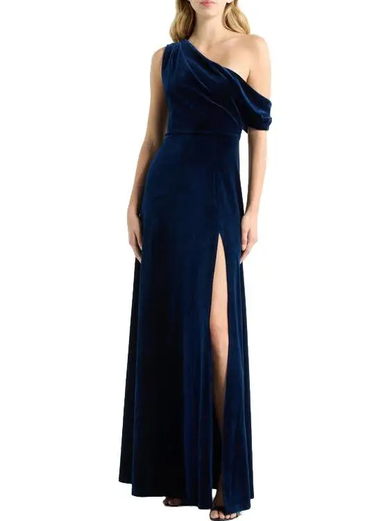 Lulus Anya Draped One-shoulder Velvet Gown - Navy
