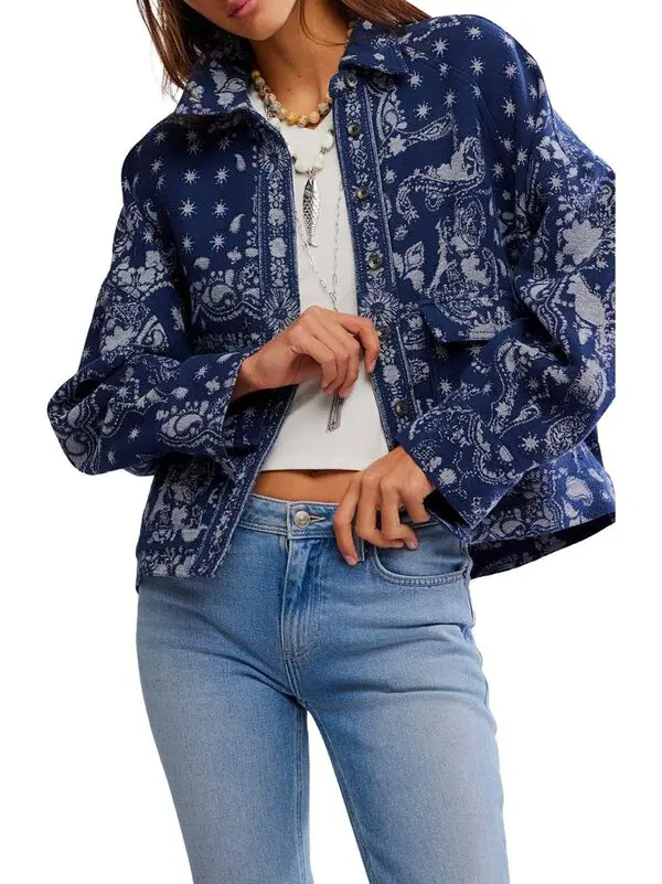 Free People Bandana Jacquard Shirt Jacket - Indigo Combo