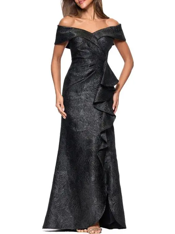 XSCAPE EVENINGS Brocade Off-the-shoulder Gown With Ruffle Detail - Black