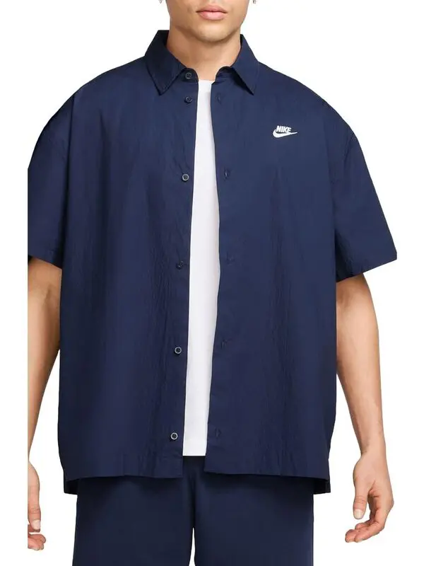 Nike Club Short Sleeve Button-up Oversize Shirt - Obsidian/white