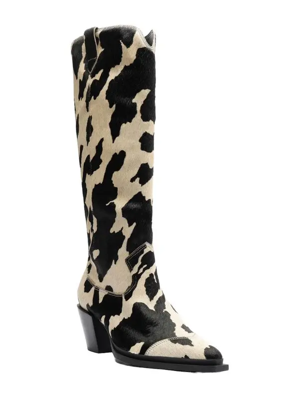 AREZZO Dakota Genuine Calf Hair Knee High Western Boot - Beige/black Print Calf Hair
