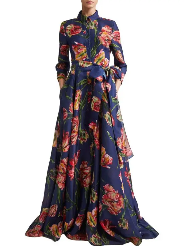 Carolina Herrera Tulip Print Silk Gazar Trench Gown - Dark Navy Multi