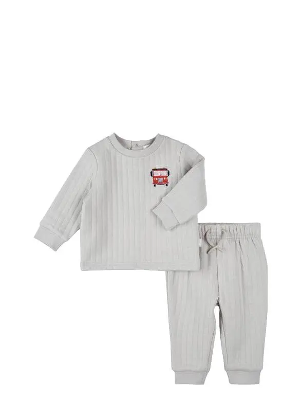 PETIT LEM Fire Truck Embroidered Quilted Set - Light Grey