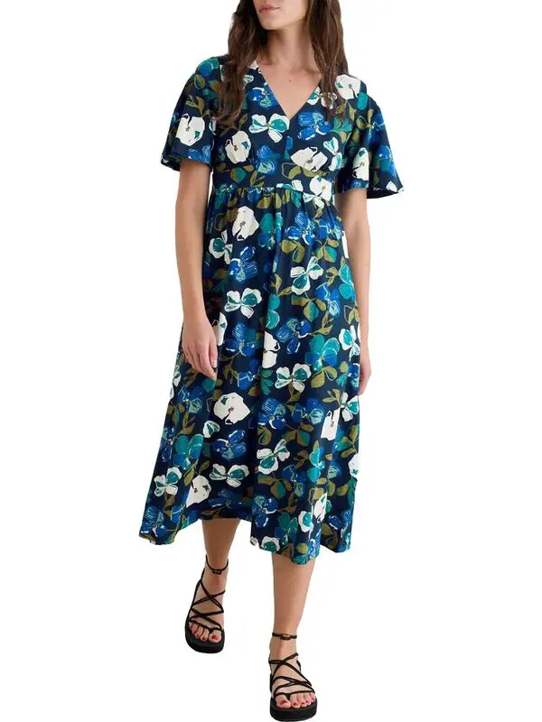 SEASALT CORNWALL Floral Print Organic Cotton Midi Dress - Lamorna Bloom Maritime