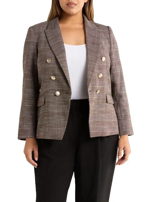 TAHARI ASL Plaid Double Breasted Blazer - Espresso I