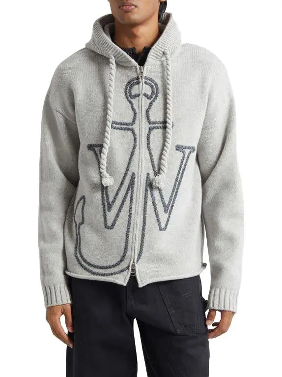 JW Anderson Anchor Embroidered Zip Hoodie Sweater - Light Grey Melange