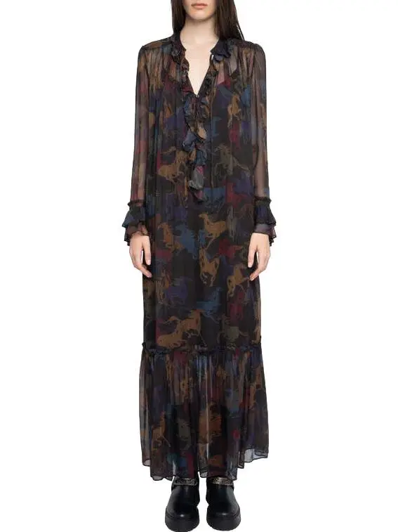 Zadig&Voltaire Ralicel Horse Print Long Sleeve Dress - Dark Chocolate