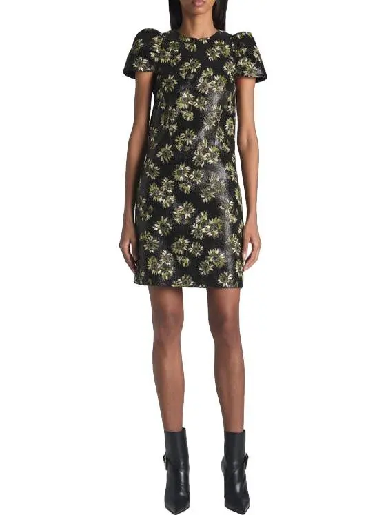 Alexander McQueen Sunflower Jacquard Mini Shift Dress With Puff Sleeves - Black