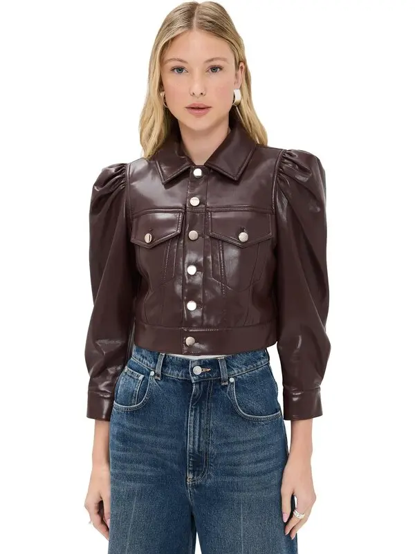 Alice + Olivia Lana Vegan Leather Puffed Sleeve Jacket - Dark Chocolate