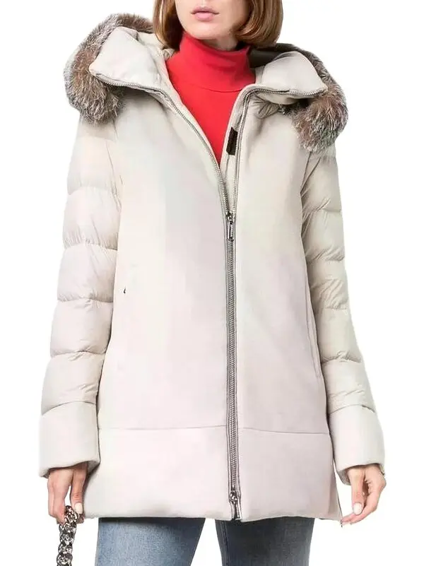 MOORER Padded Jacket With Fur Trim Hood - Neutrals