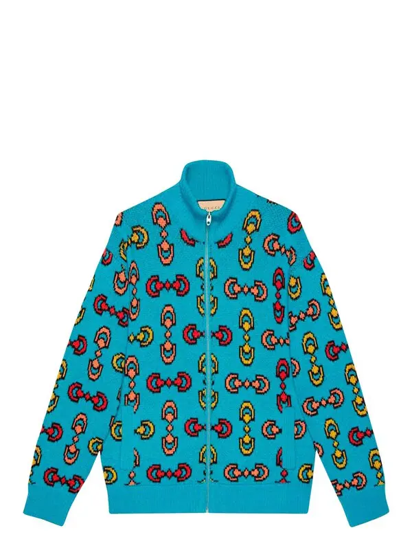 Gucci Horsebit Jacquard Wool Knit Bomber - Blue