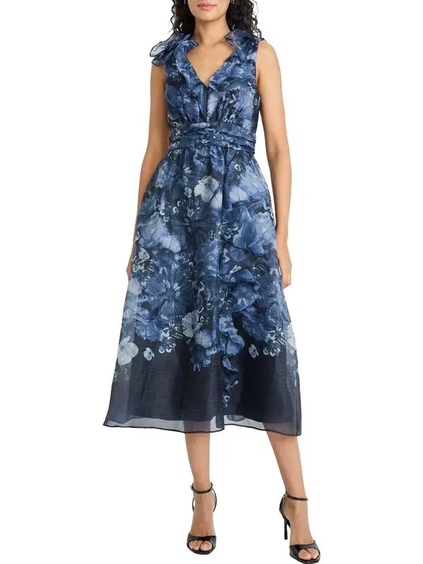 Maggy London Ruffle V-neck Organza Cocktail Dress - Navy/midnight Grey