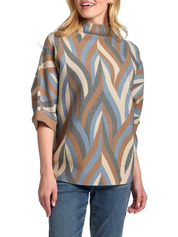 APNY Interlacing Lines Cowl Neck Sweater - Beige/blue/mocha