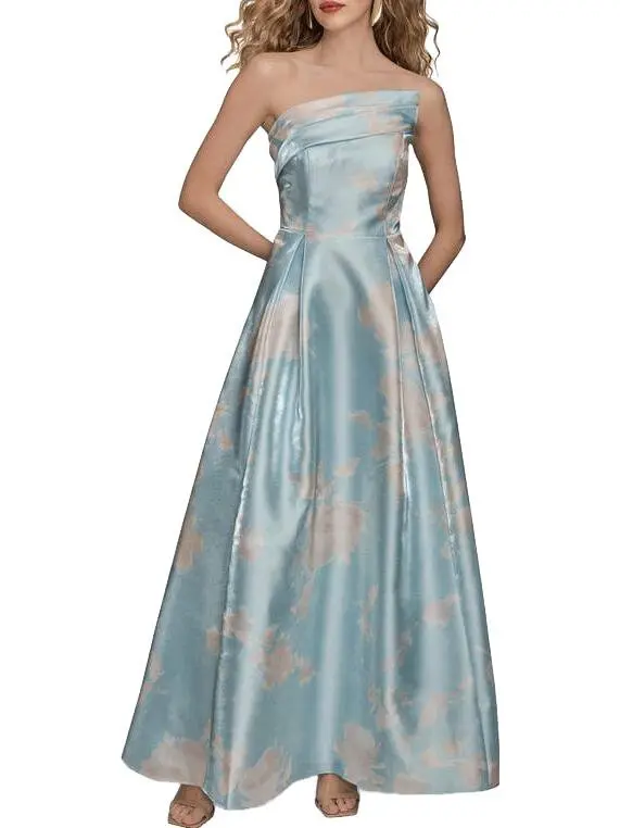 Donna Karan New York Floral Print Strapless Satin Gown - Sea Mist Multi