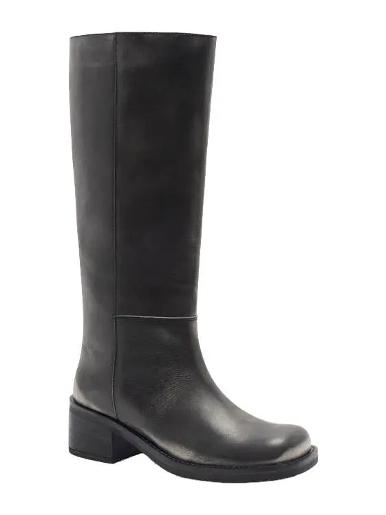Free People Dana Knee High Riding Boot - Black Distressed Leather