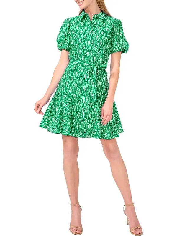 CECE DUPRAZ Floral Short Sleeve Mini Shirtdress - Kelly Green