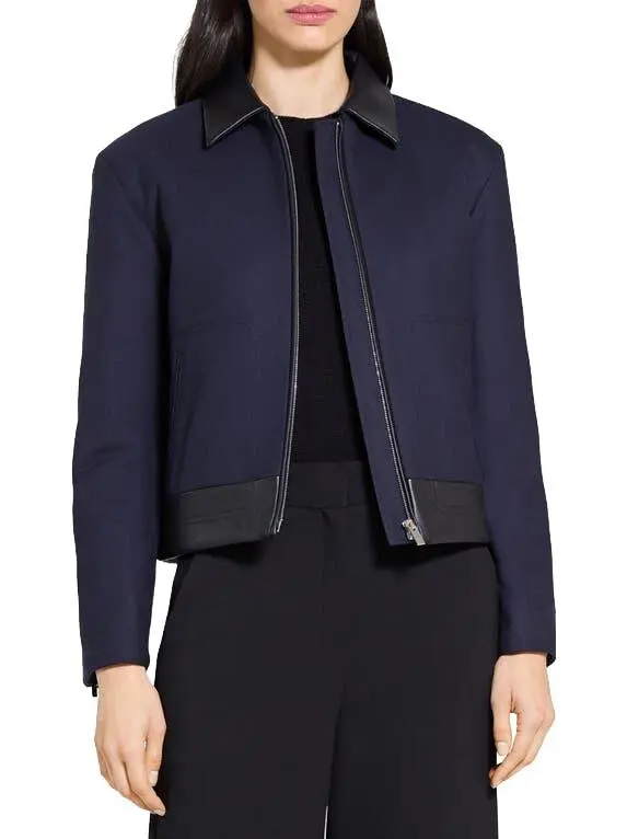 Theory Boxy Crop Jacket With Leather Trim - Dark Navy - G4k