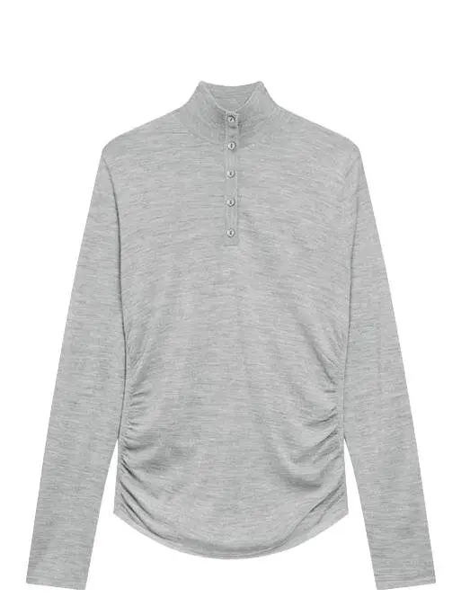 Theory Shirred Mock Neck Merino Wool Top - Light Heather Grey