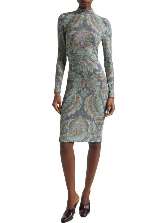 Etro Paisley Metallic Long Sleeve Body-con Dress - Printed Black Base