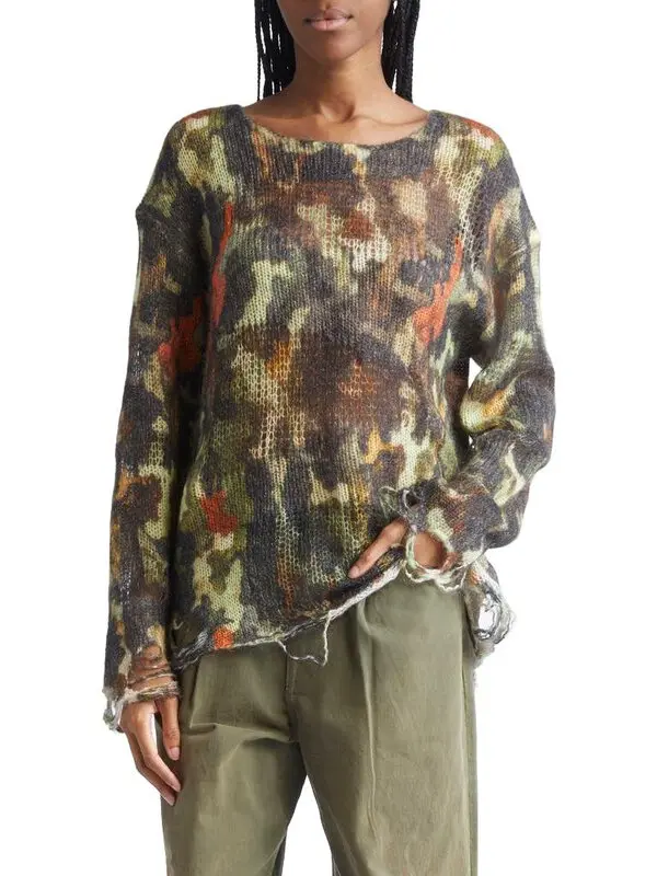 R13 Distressed Camouflage Merino Wool Boyfriend Sweater - Light Camo Green
