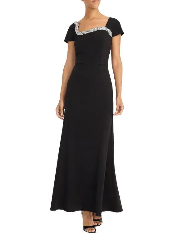 Maggy London Rhinestone Trim Short Sleeve Gown - Black
