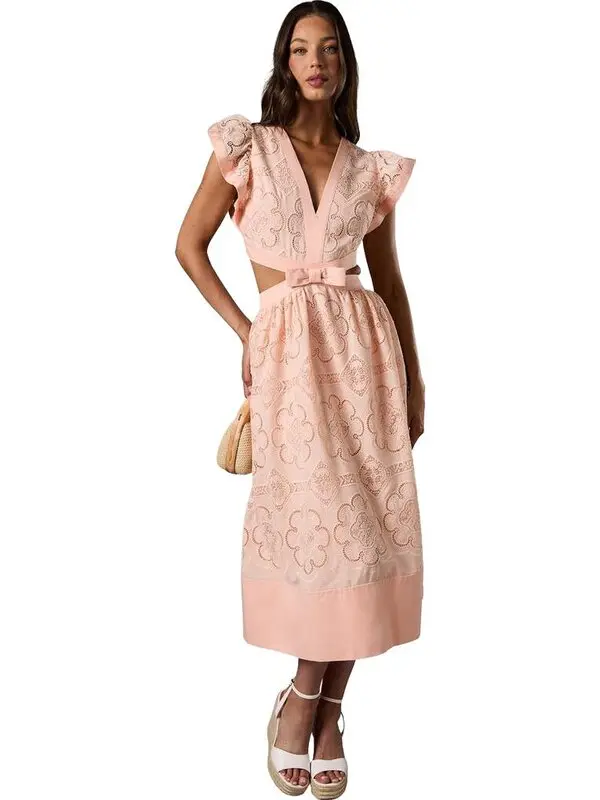 Coast V-neck Cut Out Lace Midi Dress - Peach
