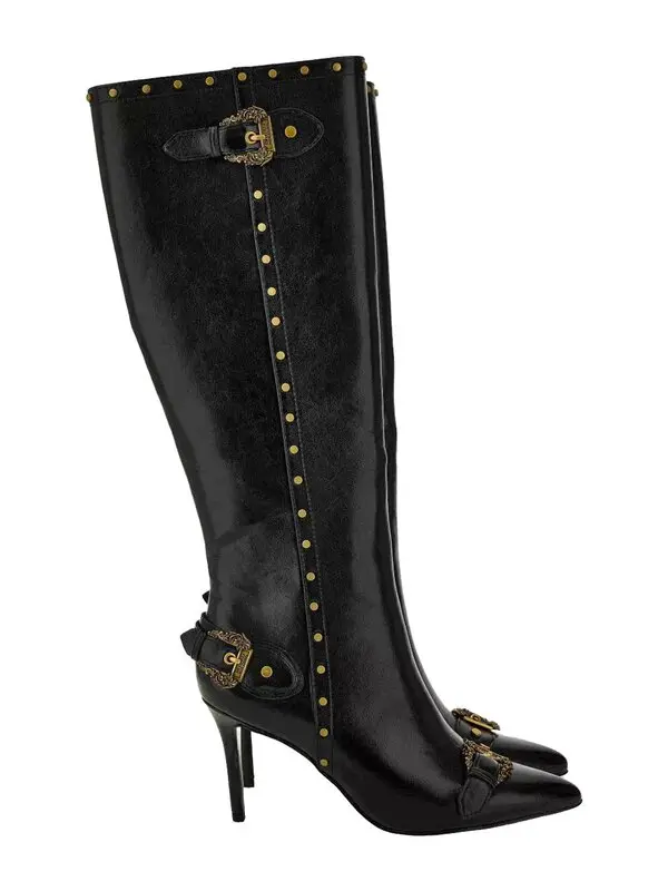 Versace Buckle-detail Studded Knee-high Boots - Black